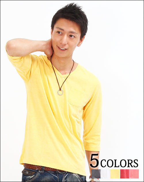 ポケット付き杢デザインVネック7分袖カットソー ｜ メンズファッション通販 MENZ-STYLE(メンズスタイル）