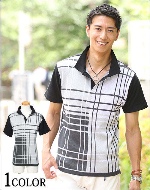 切り替えチェックデザインニット素材ポロシャツ ｜ メンズファッション通販 MENZ-STYLE(メンズスタイル）