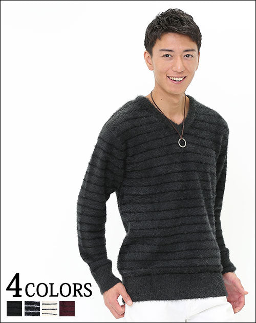 シャギーボーダーVネックニットソー ｜ メンズファッション通販 MENZ-STYLE(メンズスタイル）