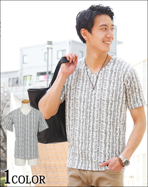 膨れジャガードデザインVネック半袖カットソー ｜ メンズファッション通販 MENZ-STYLE(メンズスタイル）