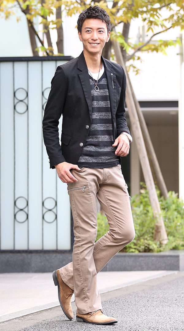 黒テーラードジャケット ニットソー チノパン snp_yv1206 ｜ メンズファッション通販 MENZ-STYLE(メンズスタイル）