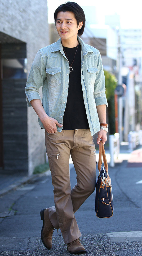 サックスシャツ 黒カットソー ベージュチノパン snp_xw0239 ｜ メンズファッション通販 MENZ-STYLE(メンズスタイル）