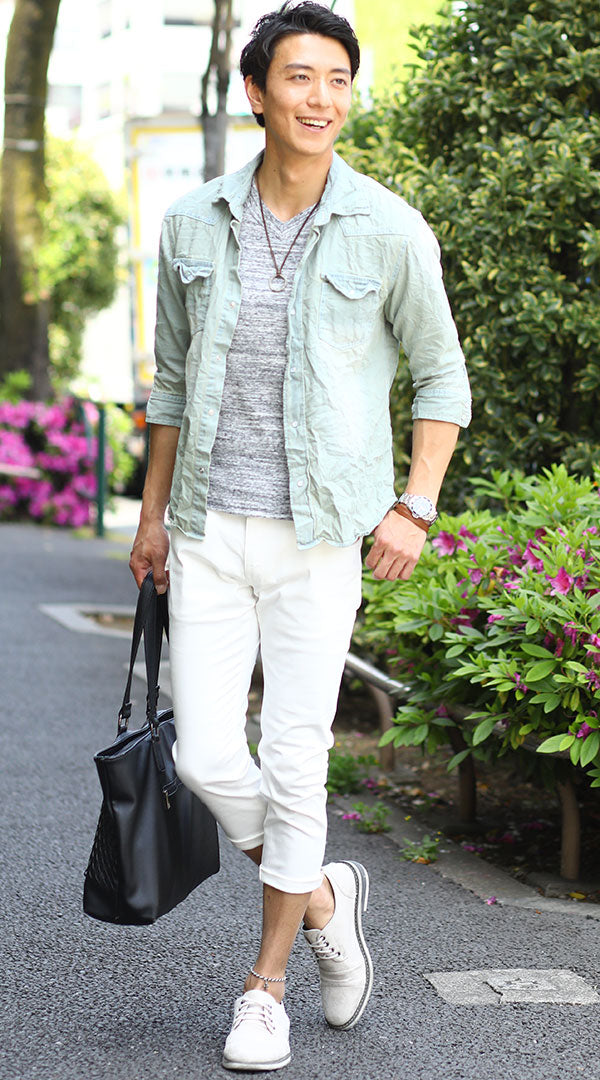 サックスシャツ グレーTシャツ 白クロップドパンツ snp_zr0389 ｜ メンズファッション通販 MENZ-STYLE(メンズスタイル）