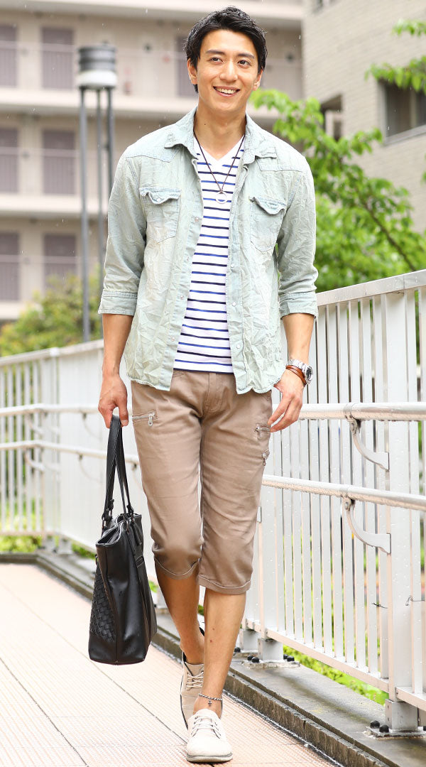 サックスシャツ 白×紺Tシャツ ベージュクロップドパンツ snp_zt0161のコーディネート例 ｜ メンズファッション通販 MENZ-STYLE(メンズスタイル）