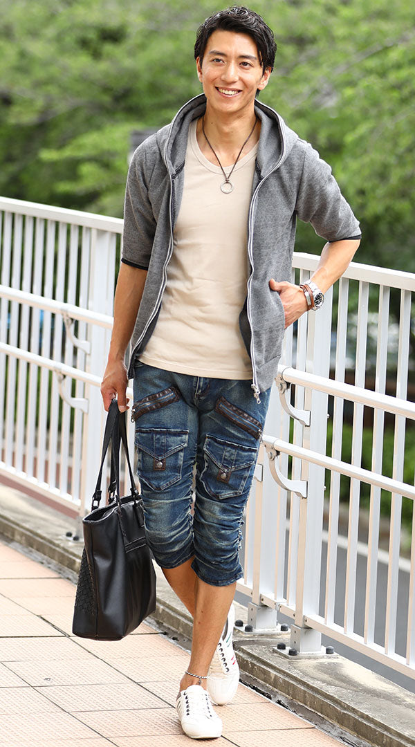 グレーパーカー ベージュTシャツ インディゴクロップドデニム snp_af0020 ｜ メンズファッション通販 MENZ-STYLE(メンズスタイル）