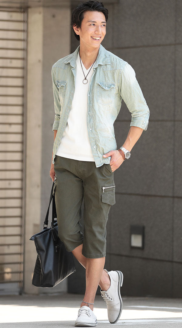 サックスシャツ 白Tシャツ カーキクロップドパンツ snp_ai0760のコーディネート例 ｜ メンズファッション通販 MENZ-STYLE(メンズスタイル）