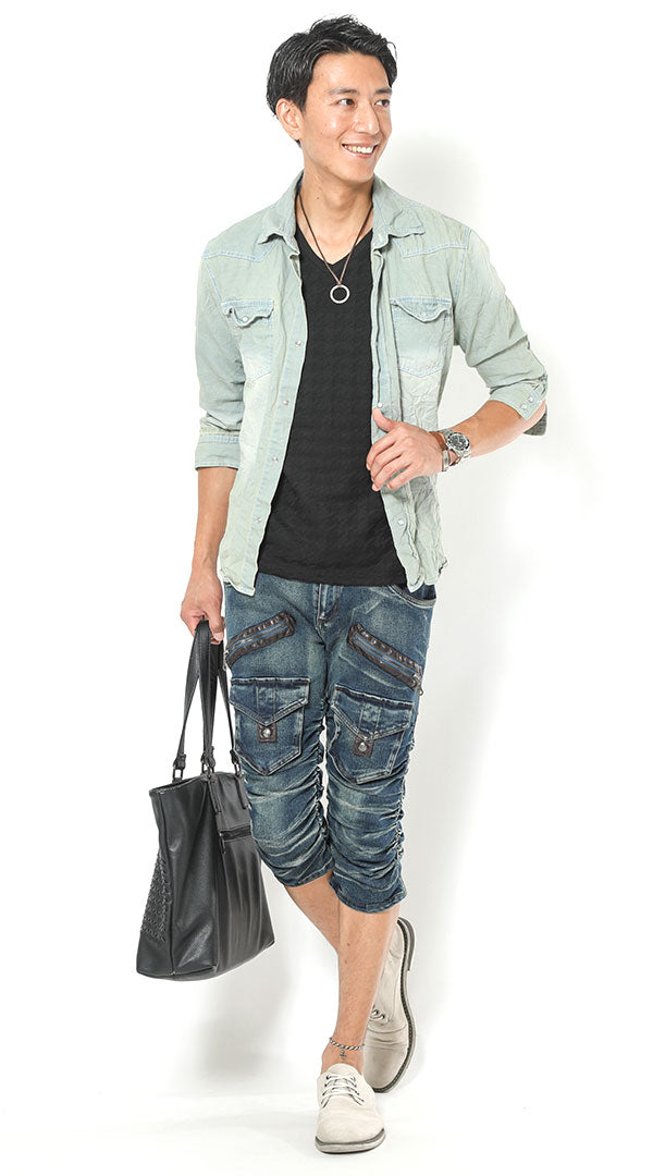 サックスシャツ 黒Tシャツ インディゴクロップドパンツ snp_ar0051のコーディネート例 ｜ メンズファッション通販 MENZ-STYLE(メンズスタイル）