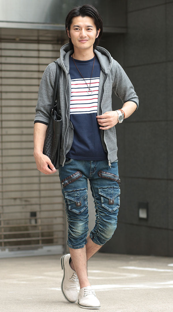 グレーパーカー 紺Tシャツ インディゴクロップドデニム snp_at0841 ｜ メンズファッション通販 MENZ-STYLE(メンズスタイル）