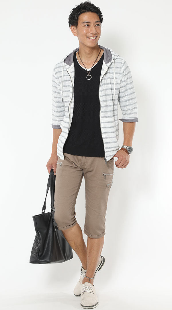 グレーパーカー 黒Tシャツ ベージュクロップドパンツ snp_aw0289のコーディネート例 ｜ メンズファッション通販 MENZ-STYLE(メンズスタイル）