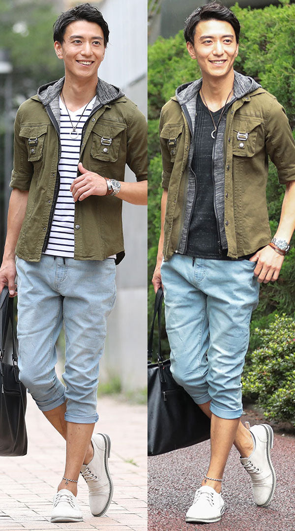 カーキパーカー 白×黒Tシャツ サックスクロップドパンツ snp_ay1317_snp_ba1378のコーディネート例 ｜ メンズファッション通販 MENZ-STYLE(メンズスタイル）