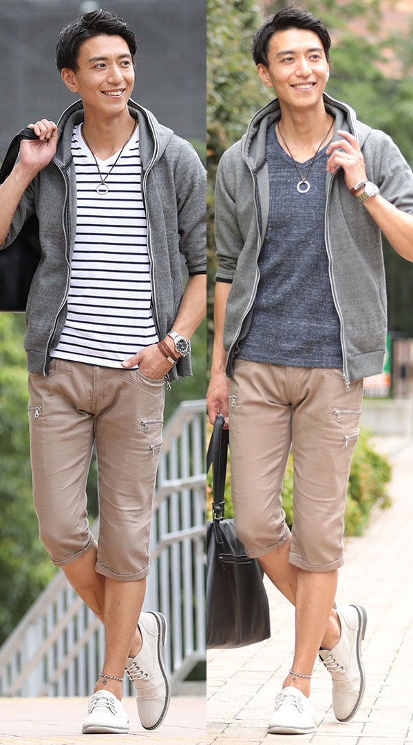 グレーパーカー 白×青Tシャツ ベージュクロップドパンツ snp_ay1304_snp_ba0990のコーディネート例 ｜ メンズファッション通販 MENZ-STYLE(メンズスタイル）