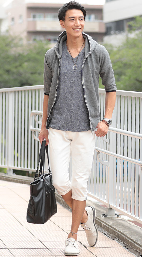 グレーパーカー 杢ネイビーTシャツ 白クロップドパンツ snp_ba0874 ｜ メンズファッション通販 MENZ-STYLE(メンズスタイル）