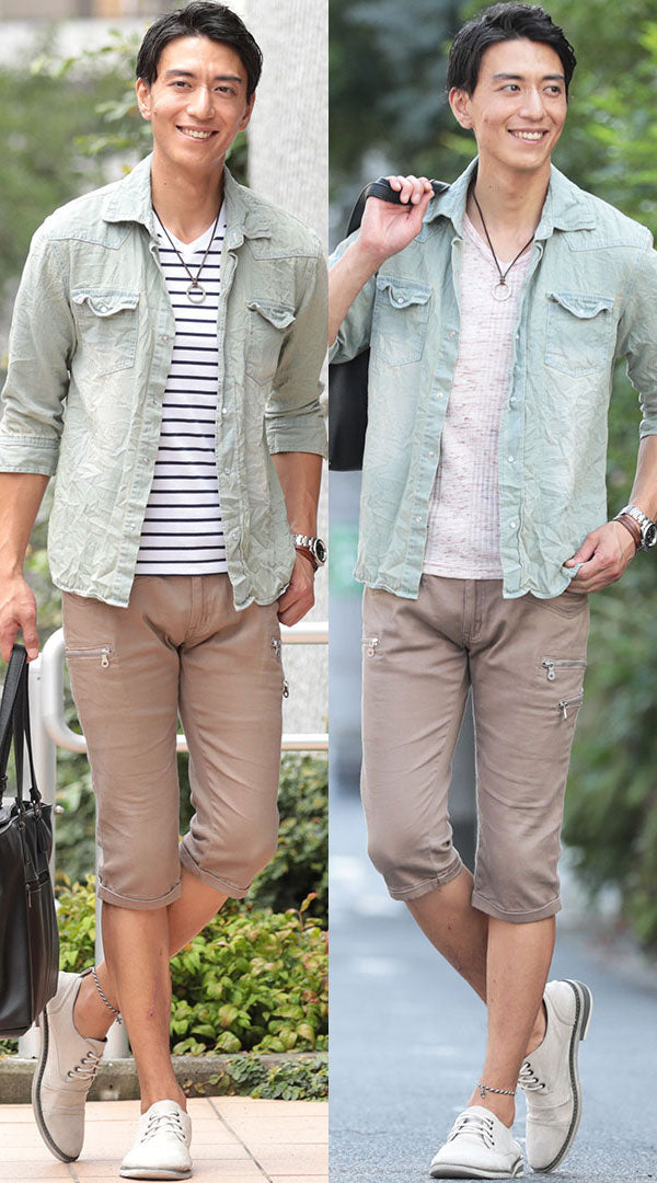 サックスシャツ 白×赤Tシャツ ベージュクロップドパンツ snp_bc0010_snp_bc0859 ｜ メンズファッション通販 MENZ-STYLE(メンズスタイル）