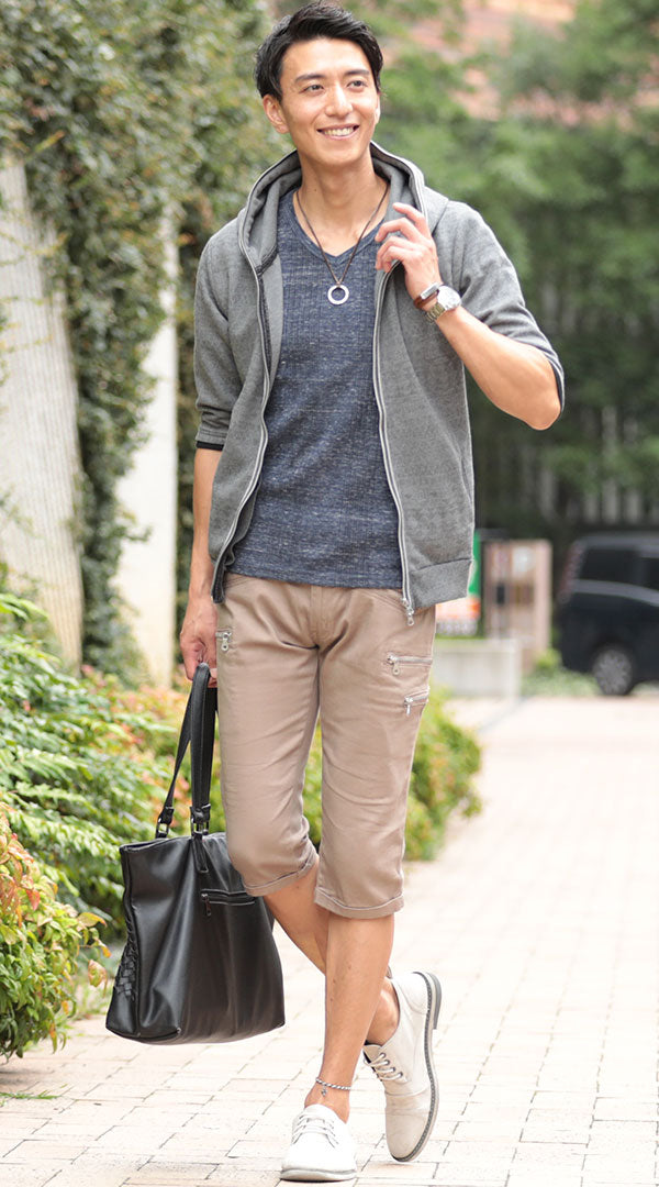 グレーパーカー 青Tシャツ ベージュクロップドパンツ snp_ba0990のコーディネート例 ｜ メンズファッション通販 MENZ-STYLE(メンズスタイル）