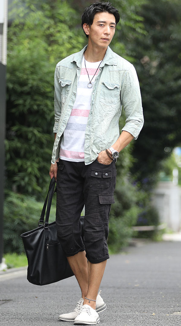 サックスシャツ トリコロールTシャツ 黒クロップドパンツ snp_bk0628 ｜ メンズファッション通販 MENZ-STYLE(メンズスタイル）