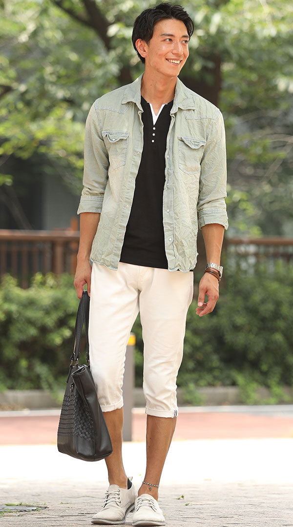 サックスシャツ 黒Tシャツ 白クロップドパンツ snp_bm0318のコーディネート例 ｜ メンズファッション通販 MENZ-STYLE(メンズスタイル）