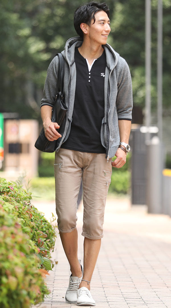 グレーパーカー 黒Tシャツ ベージュクロップドパンツ snp_bm0842 ｜ メンズファッション通販 MENZ-STYLE(メンズスタイル）