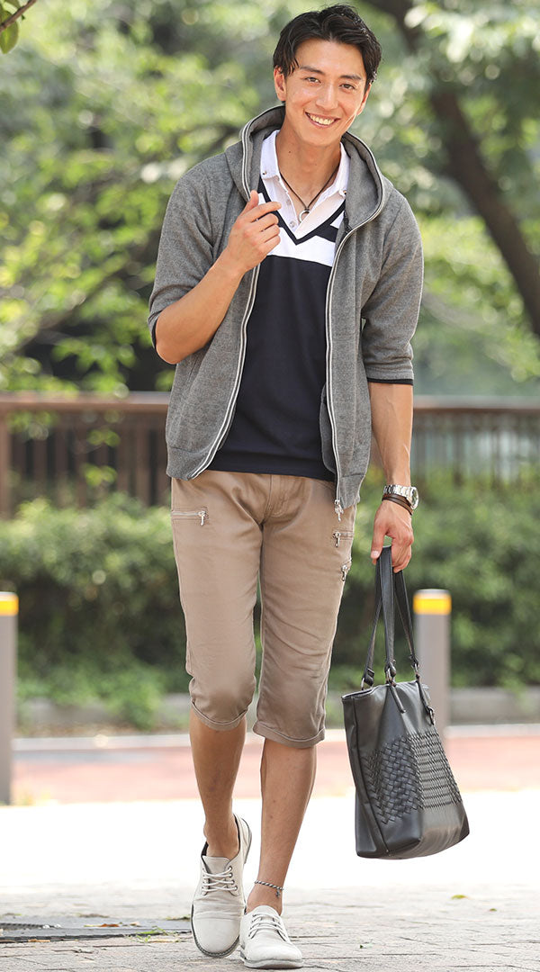グレーパーカー 紺ポロシャツ ベージュクロップドパンツ snp_bm0762のコーディネート例 ｜ メンズファッション通販 MENZ-STYLE(メンズスタイル）