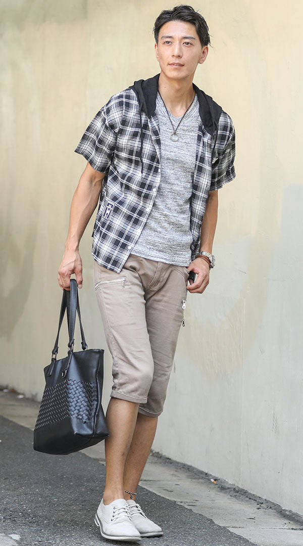 白シャツ グレーTシャツ ベージュクロップドパンツ snp_bq0014のコーディネート例 ｜ メンズファッション通販 MENZ-STYLE(メンズスタイル）