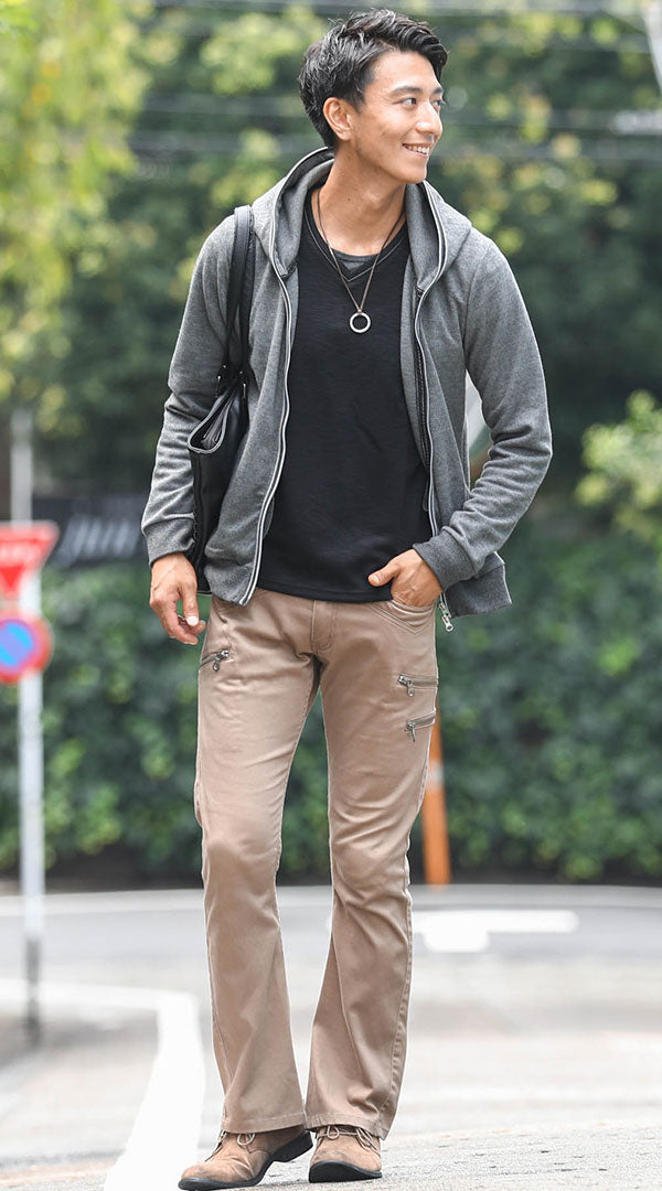 グレーパーカー 黒Tシャツ ベージュパンツ snp_bw0011 ｜ メンズファッション通販 MENZ-STYLE(メンズスタイル）