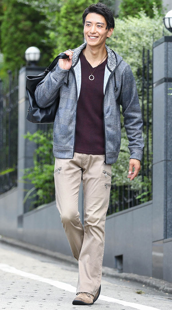 グレーパーカー ワインTシャツ ベージュパンツ snp_cd0358 ｜ メンズファッション通販 MENZ-STYLE(メンズスタイル）