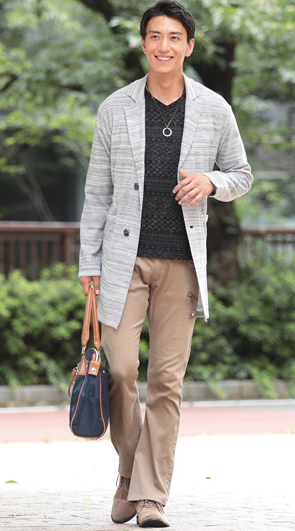 グレーコート 黒Tシャツ ベージュパンツ snp_bc0458 ｜ メンズファッション通販 MENZ-STYLE(メンズスタイル）