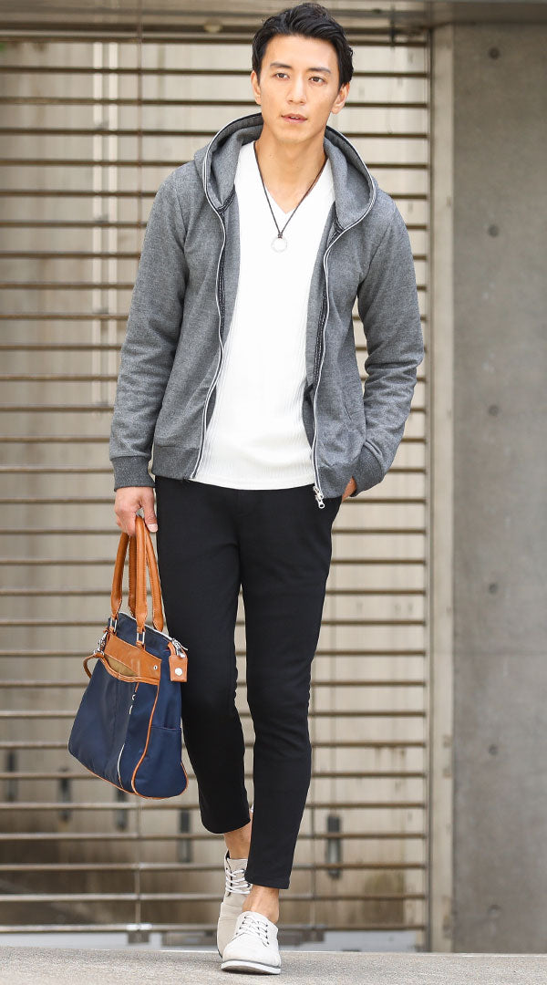 杢チャコールパーカー 白Tシャツ 黒アンクルパンツ snp_eu0369のコーディネート例 ｜ メンズファッション通販 MENZ-STYLE(メンズスタイル）