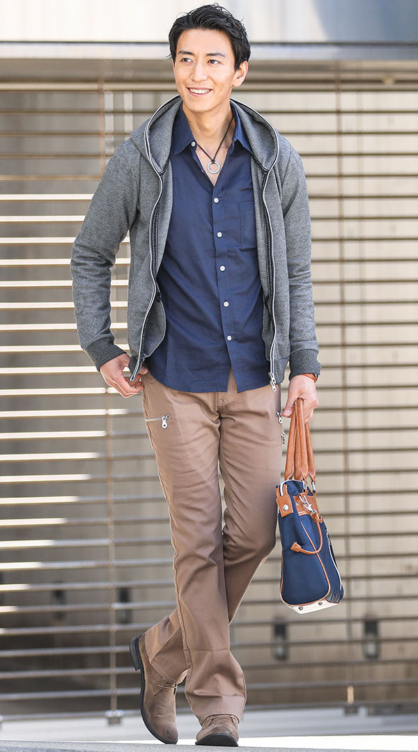 グレーパーカー 紺シャツ ベージュパンツ snp_ex0207 ｜ メンズファッション通販 MENZ-STYLE(メンズスタイル）