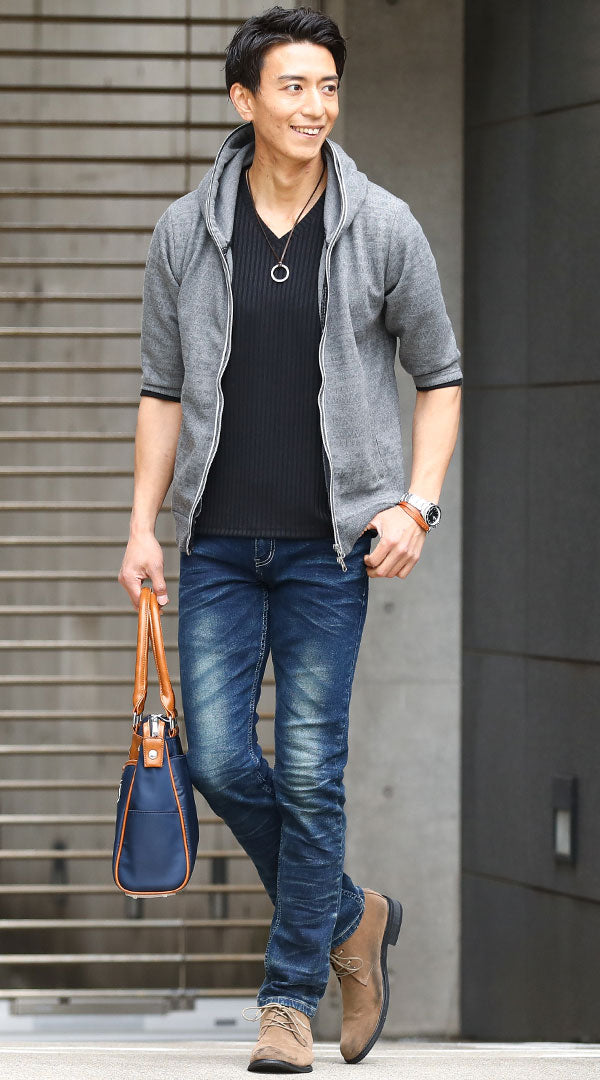 グレーパーカー 黒Tシャツ ダークブルーデニムパンツ snp_fv0456 ｜ メンズファッション通販 MENZ-STYLE(メンズスタイル）