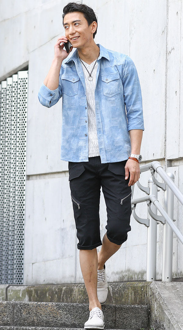 サックスシャツ 白 黒Tシャツ 黒クロップドパンツ snp_fd0229 ｜ メンズファッション通販 MENZ-STYLE(メンズスタイル）