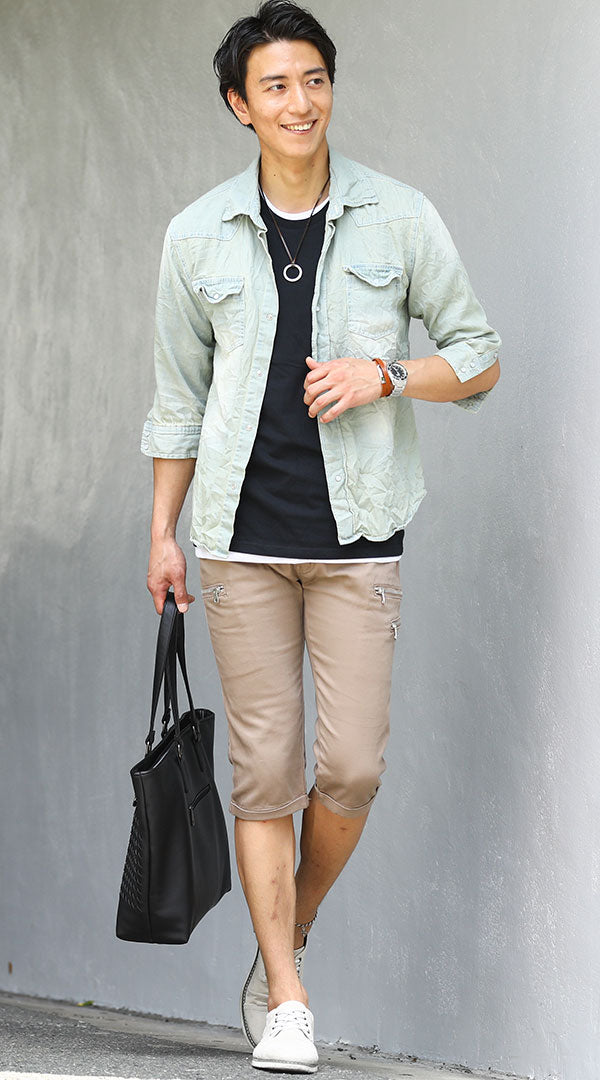 サックスシャツ 黒×白Tシャツ ベージュクロップドパンツ snp_ge0307 ｜ メンズファッション通販 MENZ-STYLE(メンズスタイル）