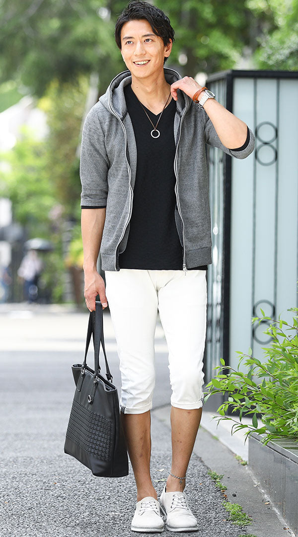 グレーパーカー 黒Tシャツ 白クロップドパンツ snp_gf0853のコーディネート例 ｜ メンズファッション通販 MENZ-STYLE(メンズスタイル）