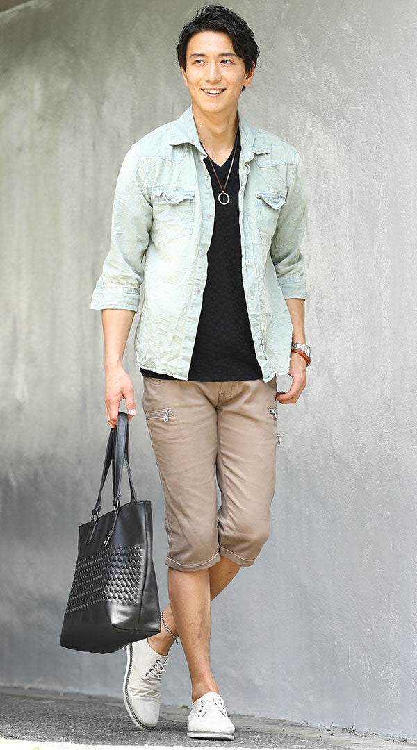 サックスシャツ 黒Tシャツ ベージュクロップドパンツ snp_gf0468のコーディネート例 ｜ メンズファッション通販 MENZ-STYLE(メンズスタイル）