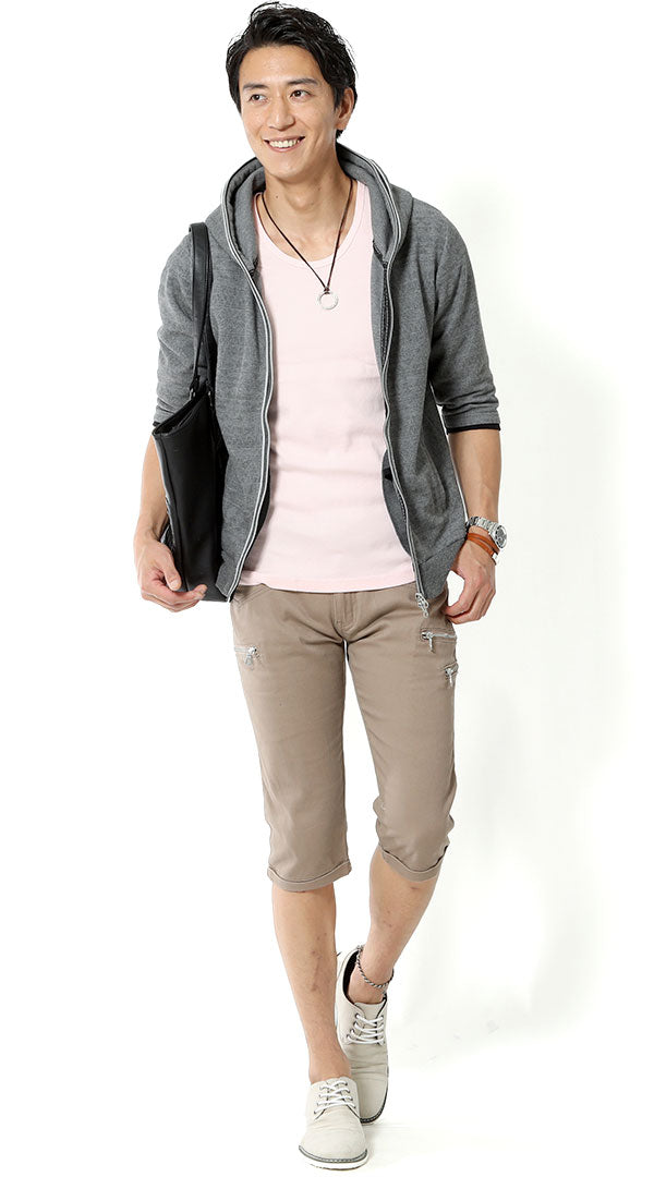 グレーパーカー ライトピンクTシャツ ベージュクロップドパンツ snp_gh0295のコーディネート例 ｜ メンズファッション通販 MENZ-STYLE(メンズスタイル）