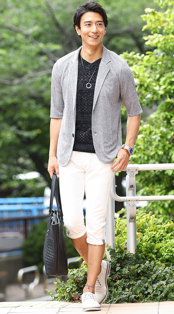 グレージャケット 黒Tシャツ 白クロップドパンツ snp_gi0695 ｜ メンズファッション通販 MENZ-STYLE(メンズスタイル）