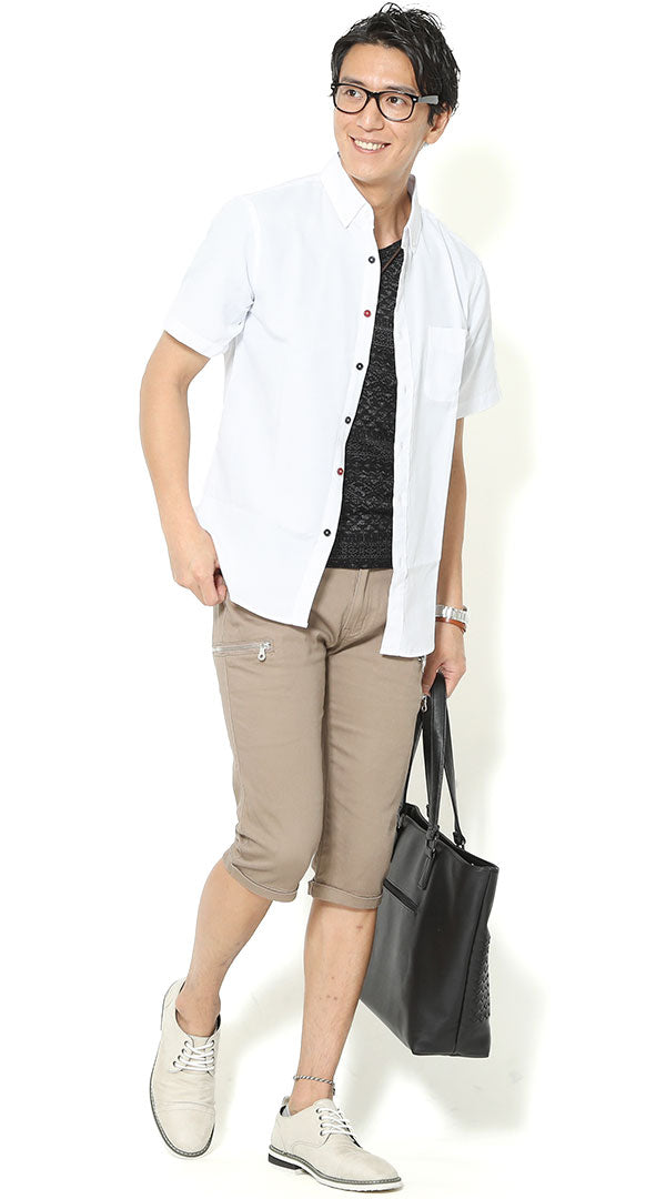 白シャツ 黒Tシャツ ベージュクロップドパンツ snp_gk0468のコーディネート例 ｜ メンズファッション通販 MENZ-STYLE(メンズスタイル）
