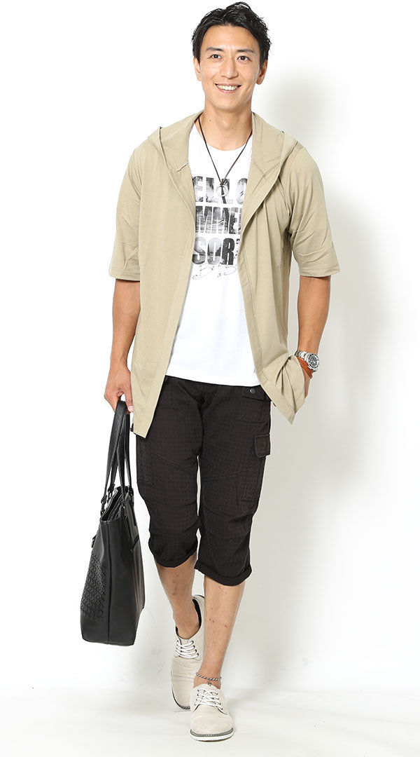 ベージュカーディガン 白Tシャツ 黒クロップドパンツ snp_gy0246 ｜ メンズファッション通販 MENZ-STYLE(メンズスタイル）