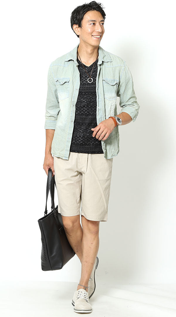 サックスシャツ 黒Tシャツ ベージュクロップドパンツ snp_gy0851のコーディネート例 ｜ メンズファッション通販 MENZ-STYLE(メンズスタイル）