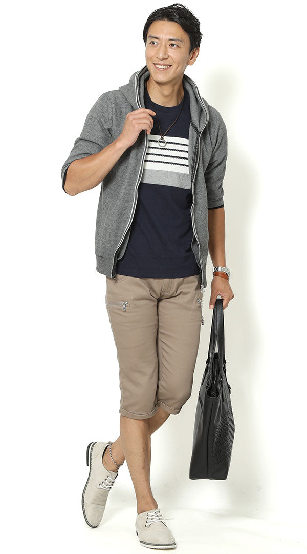 グレーパーカー 紺ボーダーTシャツ ベージュクロップドパンツ snp_gy0566のコーディネート例 ｜ メンズファッション通販 MENZ-STYLE(メンズスタイル）