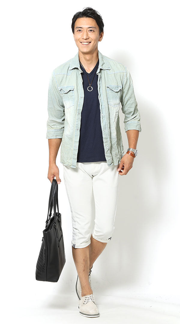 サックスシャツ 紺Tシャツ 白クロップドパンツ snp_ha0918 ｜ メンズファッション通販 MENZ-STYLE(メンズスタイル）