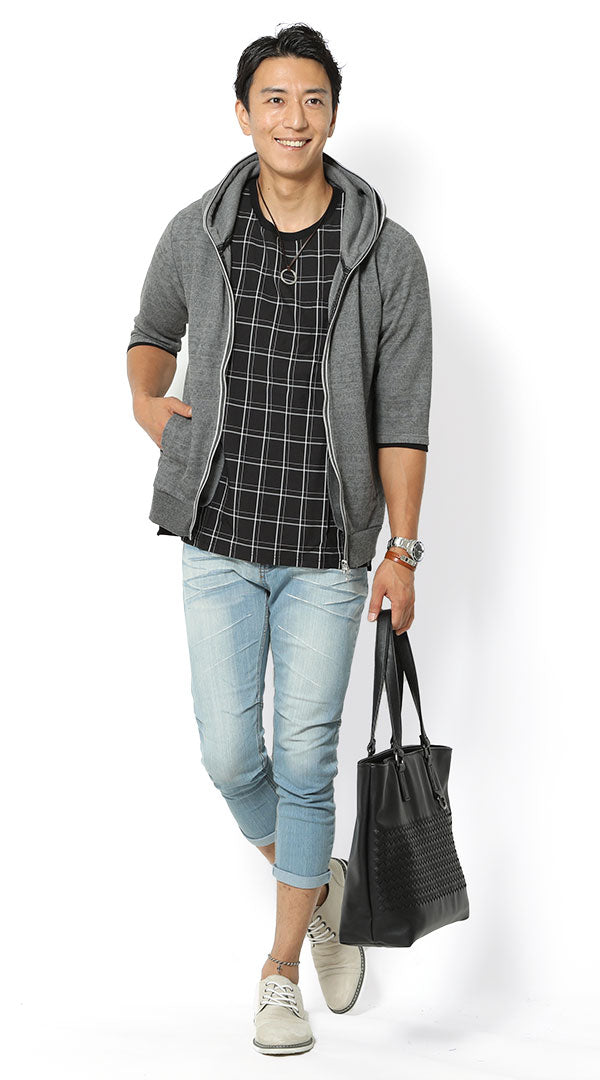 グレーパーカー 黒Tシャツ 青クロップドパンツ snp_ha0187のコーディネート例 ｜ メンズファッション通販 MENZ-STYLE(メンズスタイル）