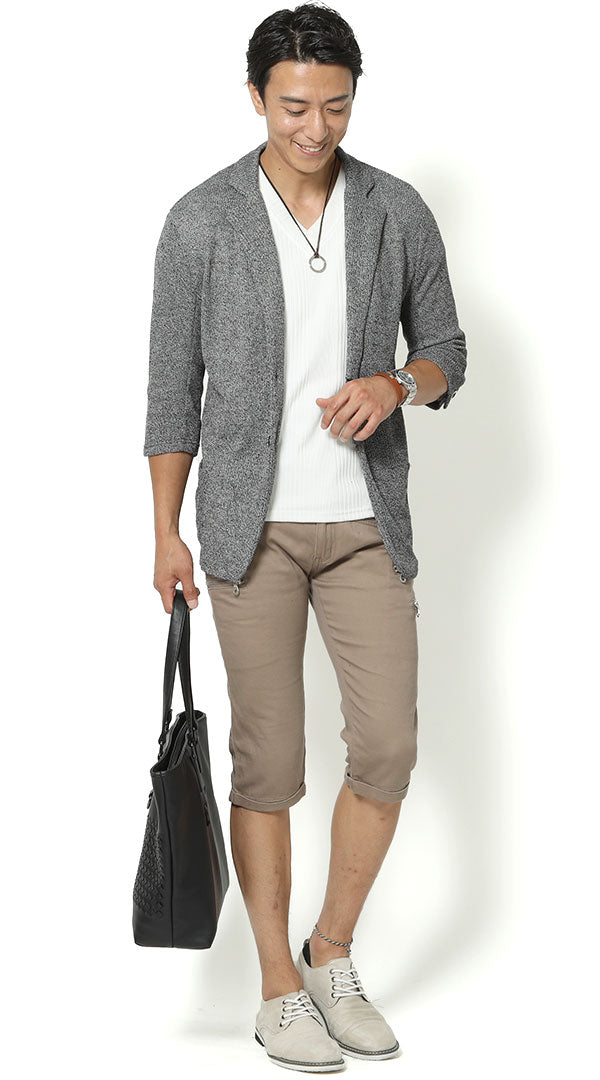 黒ジャケット 白Tシャツ ベージュクロップドパンツ snp_hd0295のコーディネート例 ｜ メンズファッション通販 MENZ-STYLE(メンズスタイル）