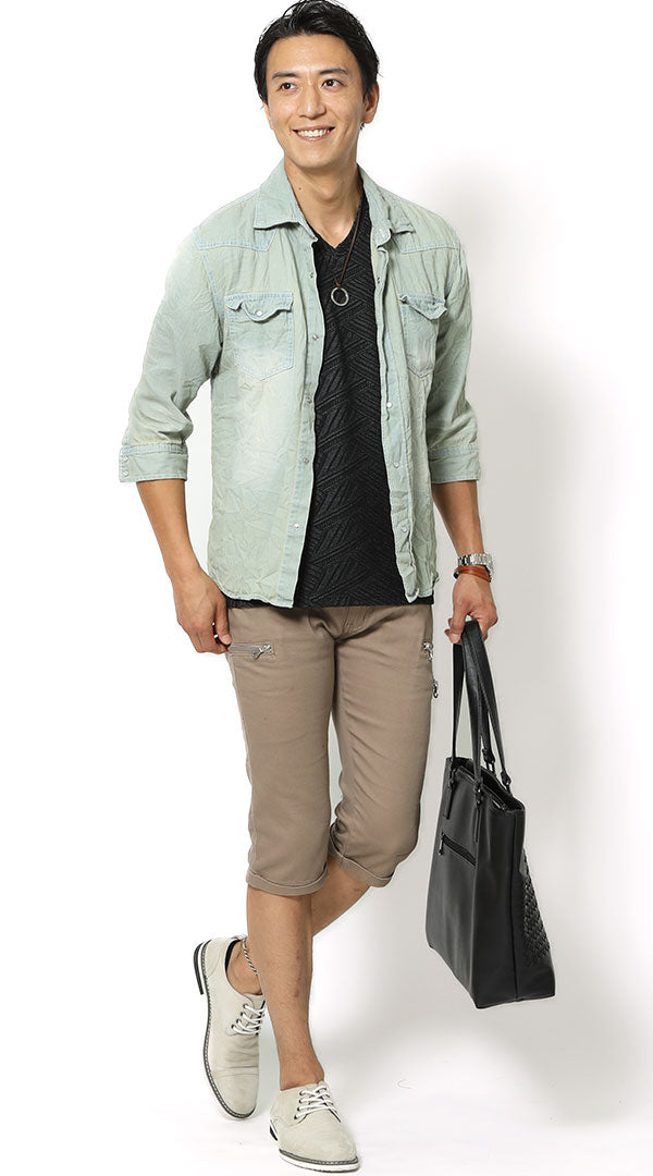 サックスシャツ 黒Tシャツ ベージュクロップドパンツ snp_hd0347のコーディネート例 ｜ メンズファッション通販 MENZ-STYLE(メンズスタイル）