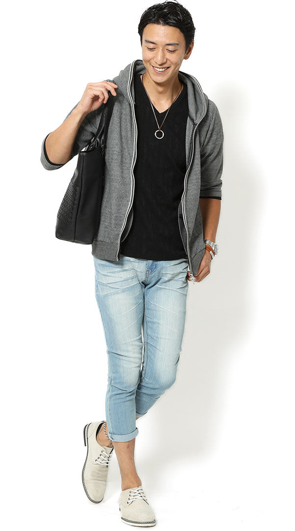 グレーパーカー 黒Tシャツ 青クロップドパンツ snp_he0517 ｜ メンズファッション通販 MENZ-STYLE(メンズスタイル）
