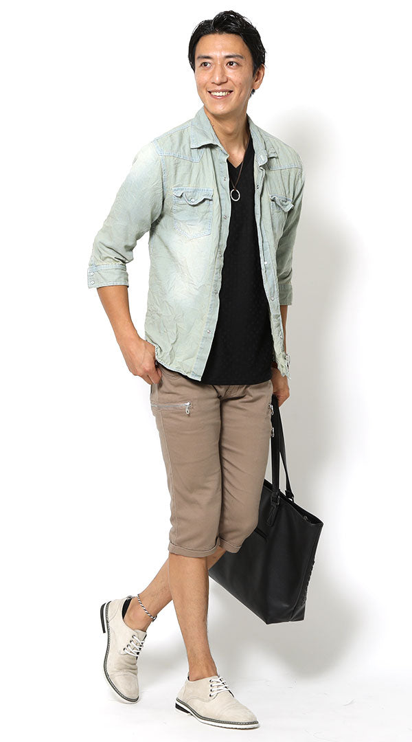 サックスシャツ 黒Tシャツ ベージュクロップドパンツ snp_he0428 ｜ メンズファッション通販 MENZ-STYLE(メンズスタイル）