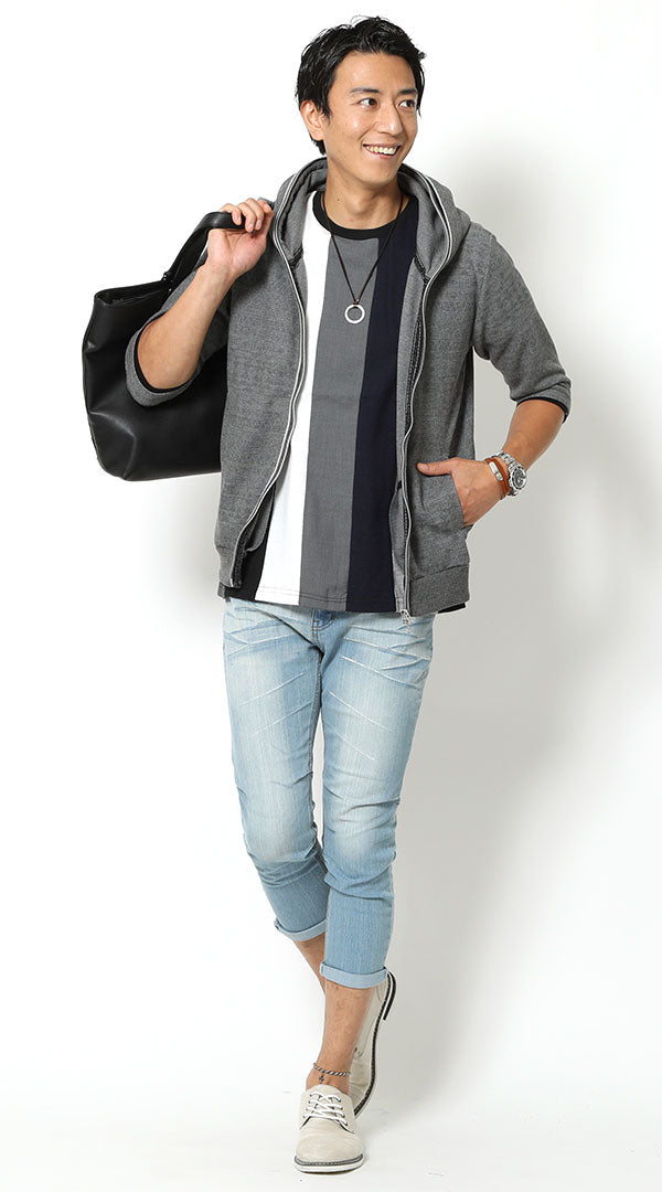 グレーパーカー 黒Tシャツ 青クロップドパンツ snp_hf0710のコーディネート例 ｜ メンズファッション通販 MENZ-STYLE(メンズスタイル）