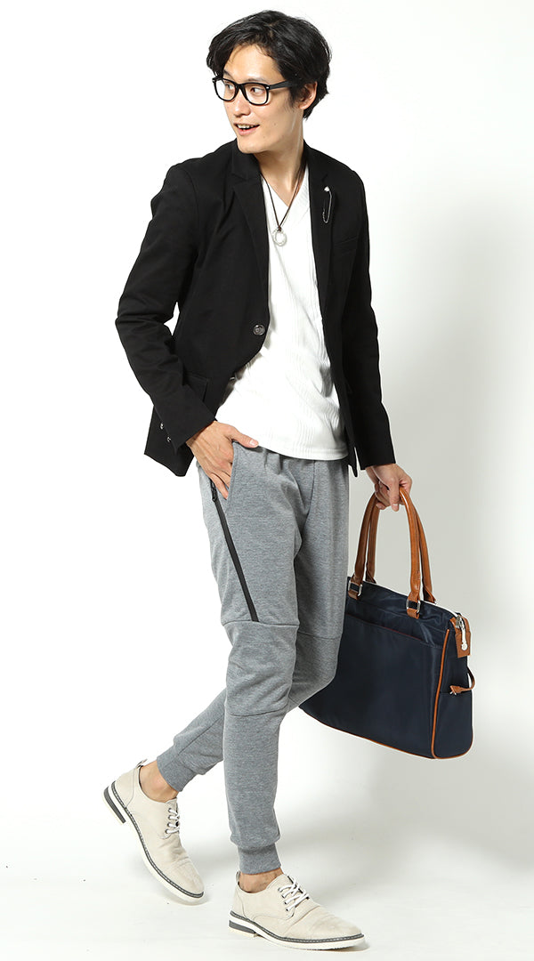 黒テーラードジャケット 白Tシャツ 杢グレーパンツ snp_ht2164 ｜ メンズファッション通販 MENZ-STYLE(メンズスタイル）