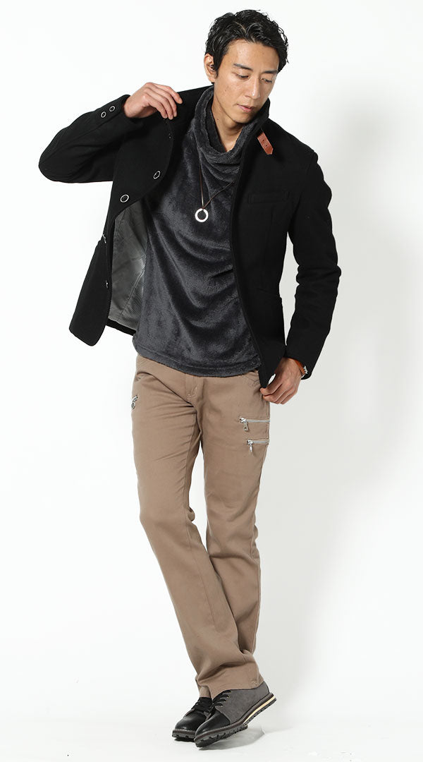 黒コート 黒フリース長袖Tシャツ ベージュパンツ snp_ig0330のコーディネート例 ｜ メンズファッション通販 MENZ-STYLE(メンズスタイル）