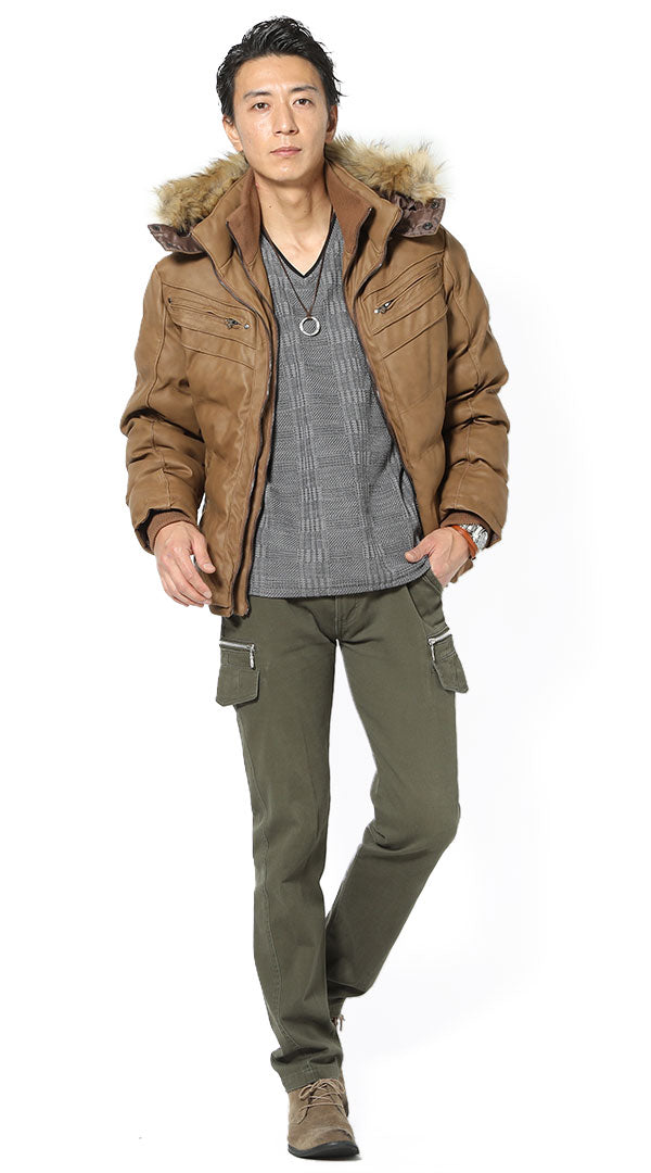 キャメルジャケット ブラックVネック長袖Tシャツ オリーブパンツ snp_ik2323 ｜ メンズファッション通販 MENZ-STYLE(メンズスタイル）