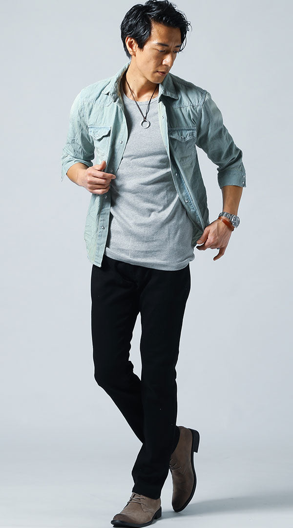 サックスシャツ グレーTシャツ 黒パンツ snp_je1341のコーディネート例 ｜ メンズファッション通販 MENZ-STYLE(メンズスタイル）